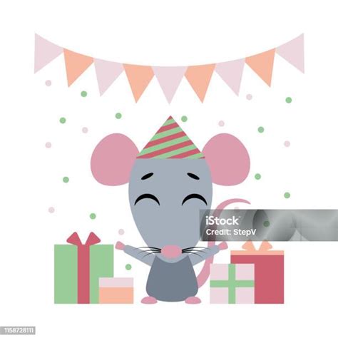 흰색 배경에 선물 상자와 좋은 쥐 만화의 벡터 색상 그림 웹 사이트 인사말 카드 초대장 스티커 인쇄를위한 플랫 스타일 디자인