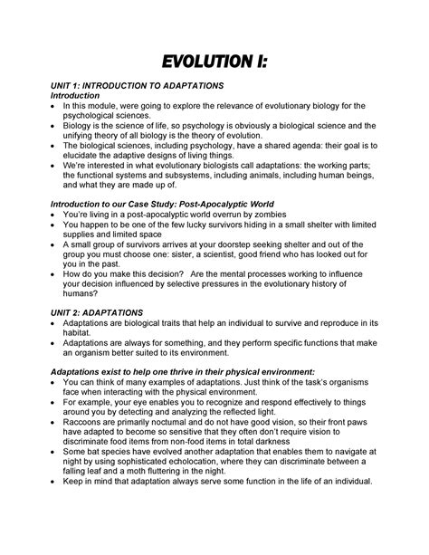Psych 1xx3 Evolution Iandii Evolution I Unit 1 Introduction To Adaptations Introduction In