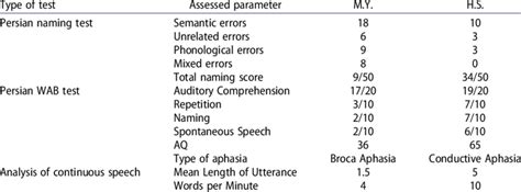 The Results Of Persian Wab Test And Persian Naming Test In Each Patient Download Scientific