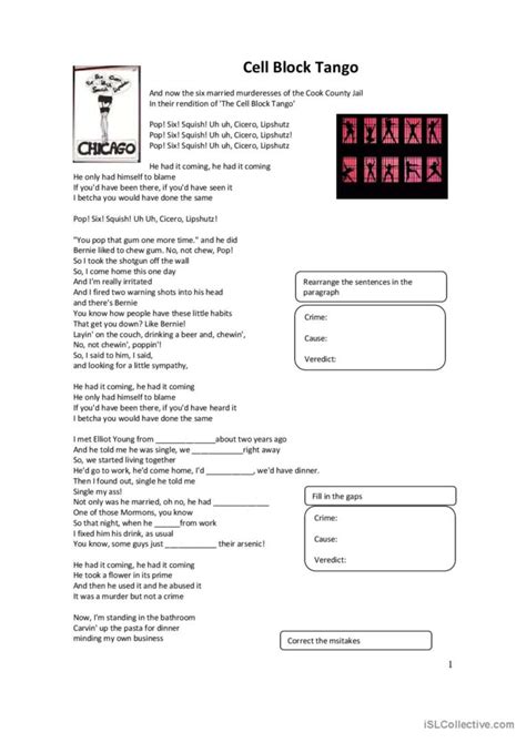 Cell Block Tango English Esl Worksheets Pdf And Doc