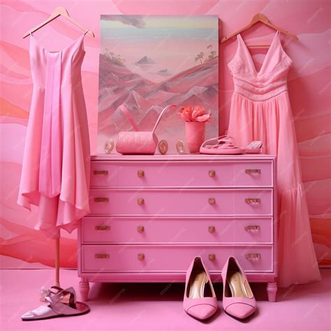 Стиль барби с одеждой обувью платьем и шкафом в спальне Премиум Фото