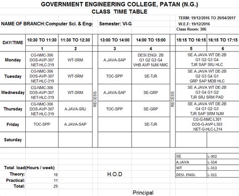 cse class time table of sem 6 and 8