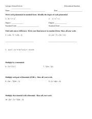 Polynomials Handout Standard Form Degree And Operations Course Hero