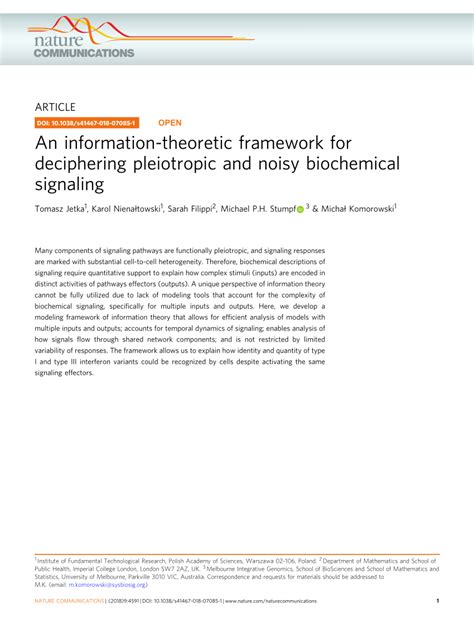 Pdf An Information Theoretic Framework For Deciphering Pleiotropic And Noisy Biochemical Signaling