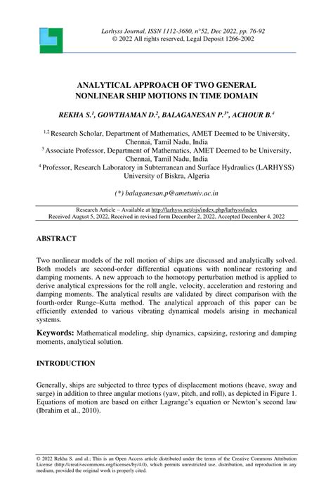 Pdf Analytical Approach Of Two General Nonlinear Ship Motions In Time Domain