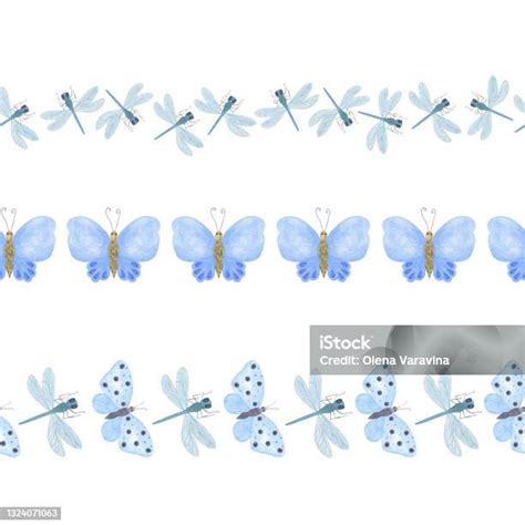 블루 나비 수평 테두리 반복 패턴 일본 와시 테이프 매끄러운 간단한 손으로 그린 장식 직물 스크랩북 테이프 리본 클립 아트여름 자연 기념품 계절에 대한 스톡 벡터 아트 및