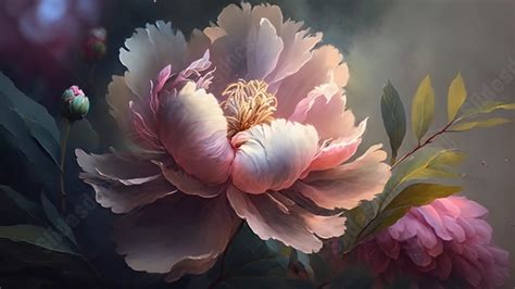 ดอกโบตั๋นสีชมพูบานสะพรั่งภาพวาดสีน้ำมันดอกไม้ ดาวน์โหลดพื้นหลัง Powerpoint ฟรี Slidesdocs