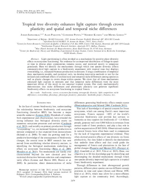 Pdf Tropical Tree Diversity Enhances Light Capture Through Crown Plasticity And Spatial And