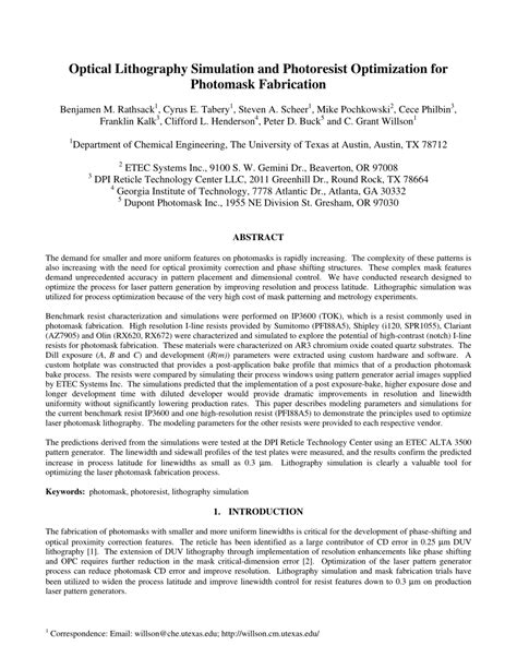 Pdf Optical Lithography Simulation And Photoresist Optimization For Photomask Fabrication
