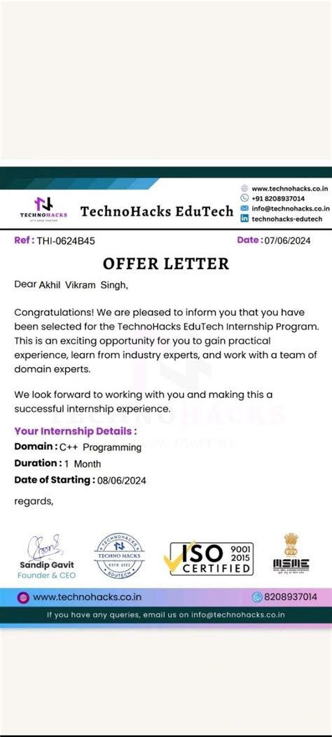 Akhil Vikram Singh On Linkedin Internship Technohacksedutech Gratitude