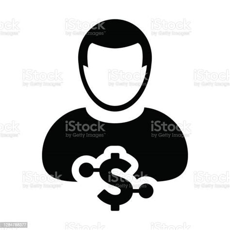 글리프 픽토그램에서 디지털 통화용 남성 사용자 프로필 아바타가 있는 디지털 달러 아이콘 벡터 통화 기호 고객에 대한 스톡 벡터
