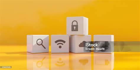 노란색 배경에 검색 와이파이 클라우드 배터리 및 자물쇠 기호가있는 기술 큐브 3d 렌더링 0명에 대한 스톡 사진 및 기타 이미지 Istock