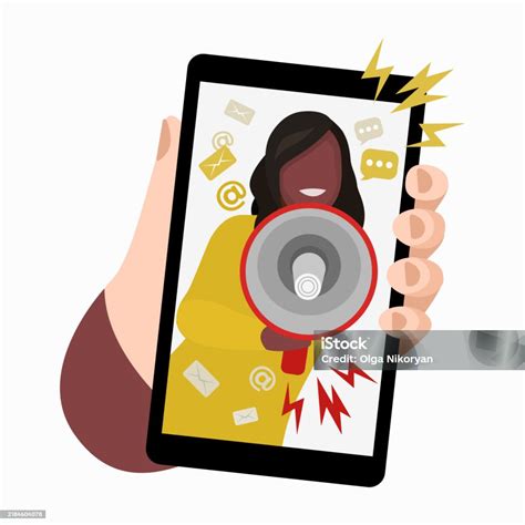 마케팅에 영향을 미칩니다 사람의 손에 쥔 스마트폰 스마트폰에서 블로거는 확성기를 사용하여 마케팅 광고를 방송합니다 Brand Name Smart Phone에 대한 스톡 벡터