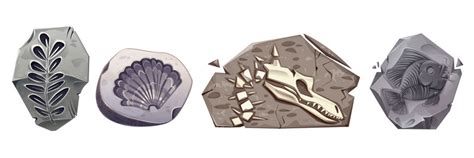Stones With Fossil Dinosaur Skull Plants Shell Vector Image
