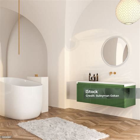 하얀 벽과 아치가있는 세련된 욕실 인테리어 나무 바닥 매달기에 대한 스톡 사진 및 기타 이미지 매달기 수도꼭지 화장실 건축물 Istock