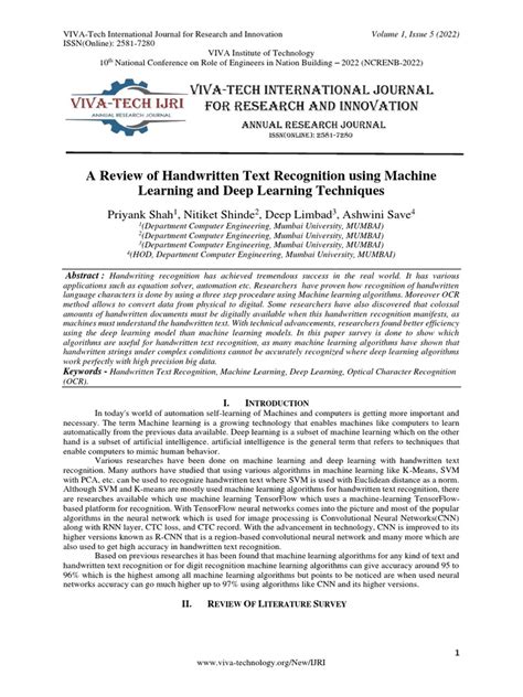 A Review Of Handwritten Text Recognition Using Machine Learning And Deep Learning Techniques