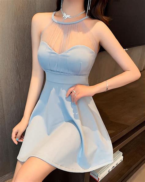 수입 블랙 M 스카이S 당일발송 홀더넥 튜브탑 시스루 민소매 미니원피스 미니드레스 미니기장 A라인 플레어스커트 화려한 무대의상 페미닌룩 섹시룩 클럽룩