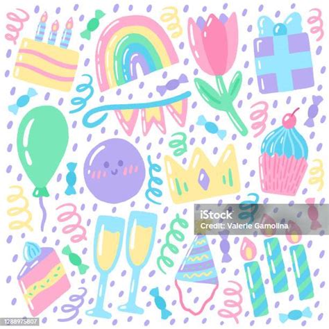 생일을 위한 귀여운 다채로운 벡터 낙서 풍선 케이크 컵 케이크 양초 선물 꽃 샴페인 왕관 카드 엽서 배너 포스터 스티커 및 소셜 미디어를 위한 벡터 템플릿 개체 그룹에 대한