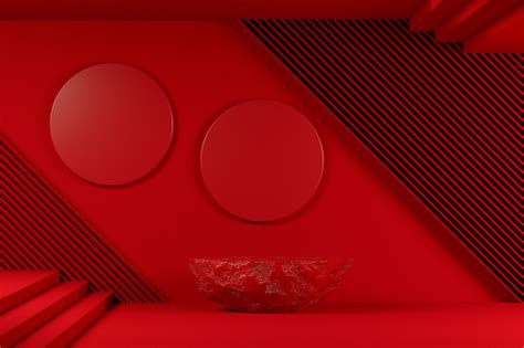 빈 붉은 바위 돌 콘크리트 연단 받침대 스탠드 전시 무대 제품 프레젠테이션 빨간색 배경 새해 크리스마스 색상 빨강에 대한 스톡