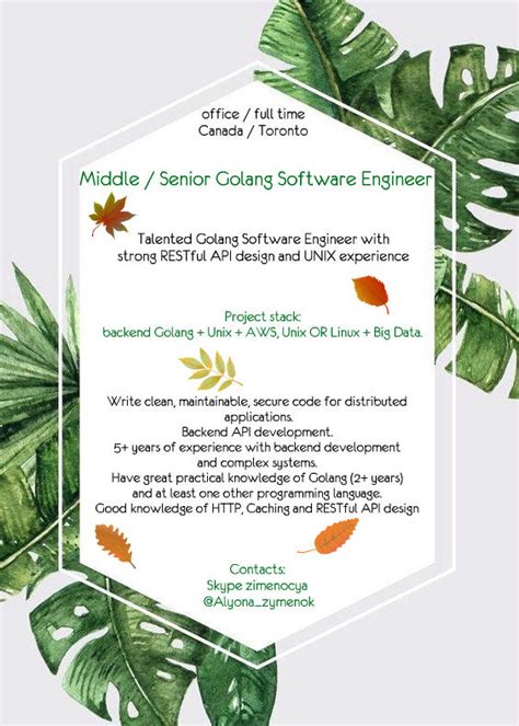 Alyona Tarabara в Linkedin вакансия Golang Canada Relocate