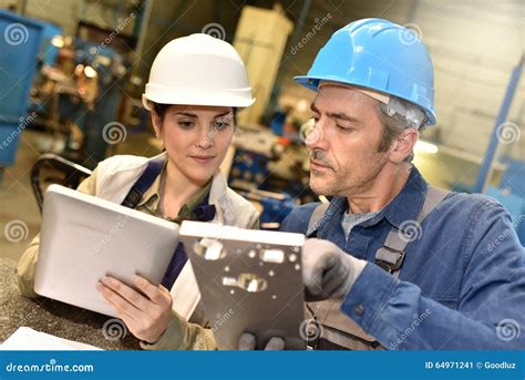 Metallurgic Workers Working With Help Of Tablet Stock Image Image Of Manufacture