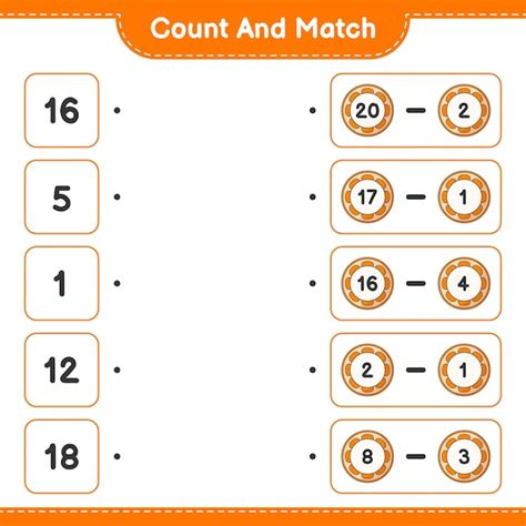 세고 짝짓기하고 주황색의 수를 세고 알맞은 수와 짝을 맞추세요 교육 어린이 게임 인쇄용 워크시트 벡터 일러스트 레이 션 프리미엄 벡터
