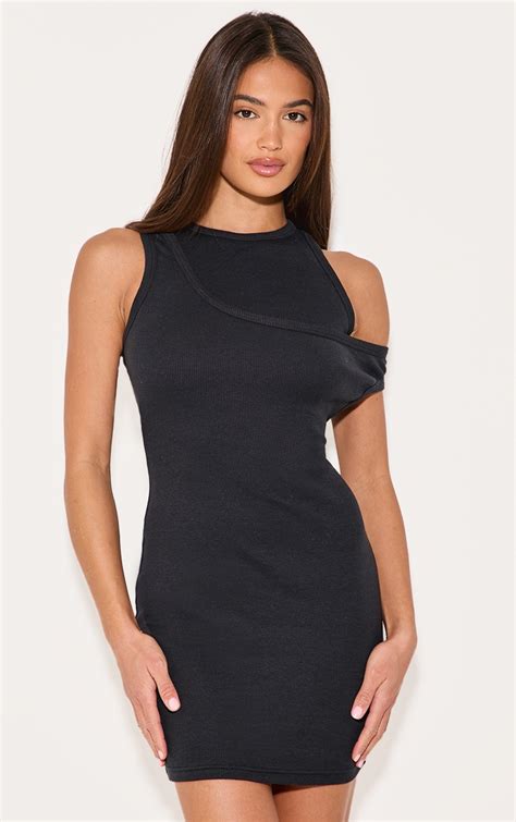 Black Asymmetric Ribbed Bodycon Dress Dresses Plt