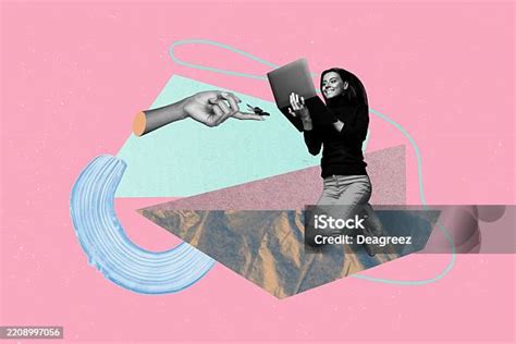 현대 미술 콜라주 행복 예쁜 소녀 점프 노트북 손 잡아 나비 보여주는 몸짓 자연 프리랜서 노동자 20 24세에 대한 스톡 사진 및 기타 이미지 Istock