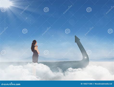 Businesswoman On Street Arrow Pointing Up In Clouds Stock Photo Image