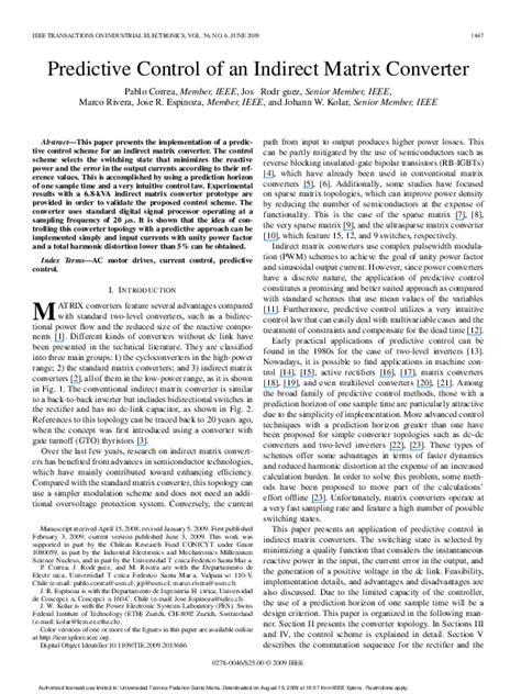 Pdf Predictive Control Of An Indirect Matrix Converter