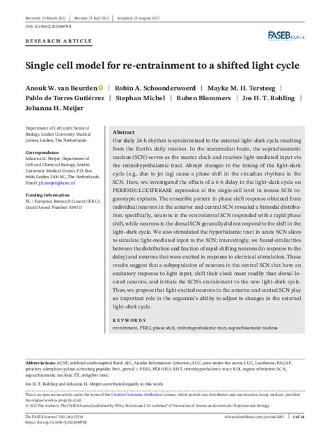 Pdf Single Cell Model For Re‐entrainment To A Shifted Light Cycle
