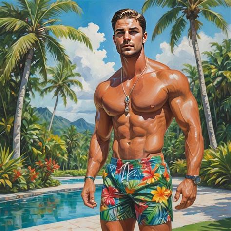 Muscular Man In Colorful Floral Swim Trunks By Tropical Pool Swap Face