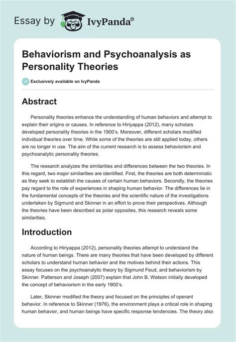 Behaviorism And Psychoanalysis Personality Theories 1642 Words Essay Example