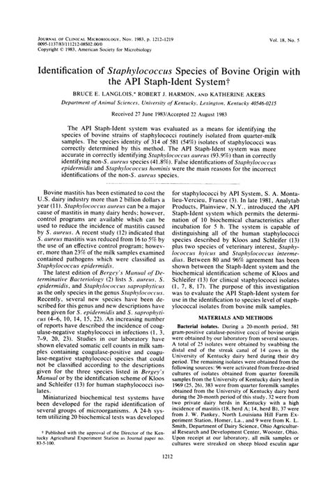 Pdf Identification Of Staphylococcus Species Of Bovine Origin With The Api Staph Iden System
