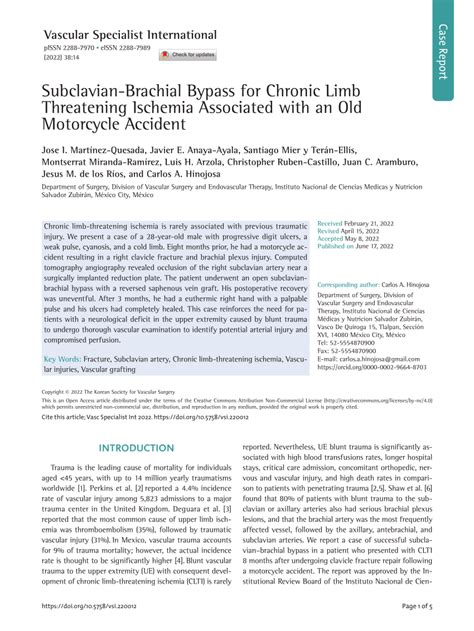 Pdf Subclavian Brachial Bypass For Chronic Limb Threatening Ischemia Associated With An Old