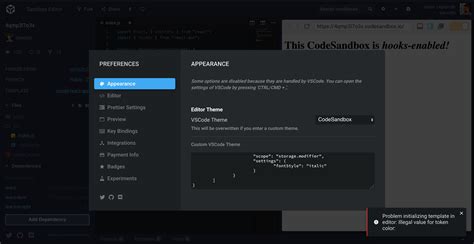 Illegal Value For Token Color When Using Custom VSCode Theme Issue Codesandbox
