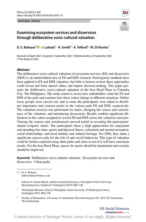 Pdf Examining Ecosystem Services And Disservices Through Deliberative Socio Cultural Valuation