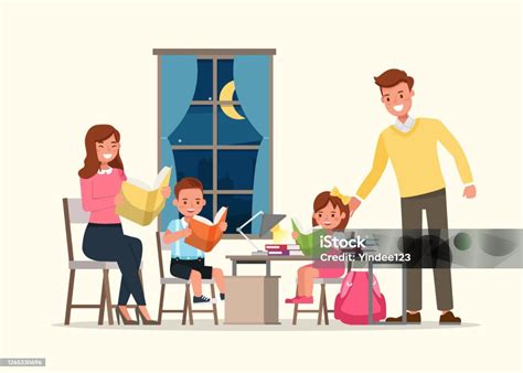 Keluarga Bahagia Ayah Dan Ibu Membaca Buku Dengan Desain Vektor ...
