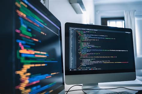 computer screen displaying dark themed code with colorful highlights on desk room background