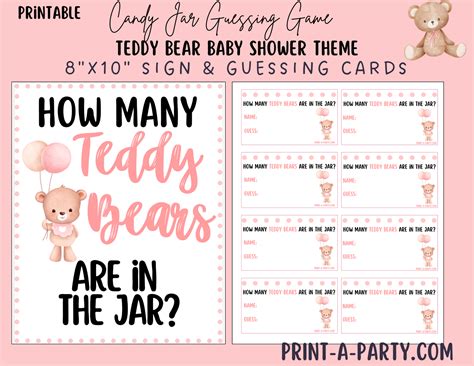 Teddy Bears Pink Candy Jar Guessing Game Printable Sign And Cards Fo