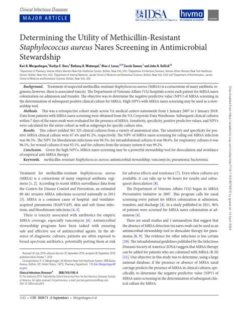 Determining The Utility Of Methicillin Resistant Staphylococcus Aureus Nares Screening In