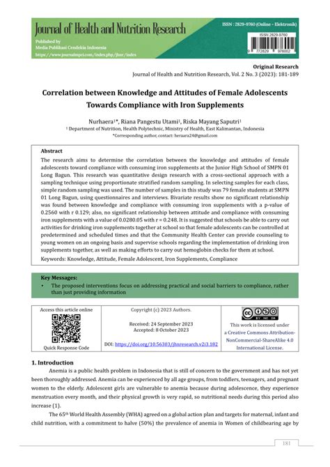 Pdf Correlation Between Knowledge And Attitudes Of Female Adolescents Towards Compliance With