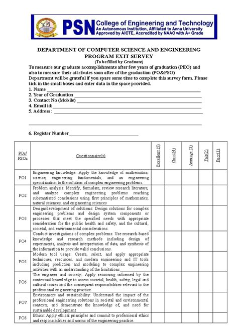Program Exit Survey Department Of Computer Science And Engineering