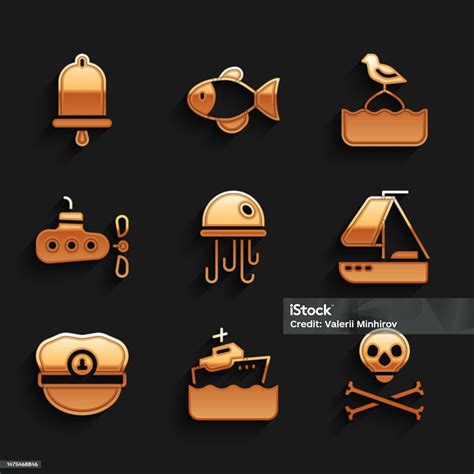 해파리 유람선 크로스본에 해골 요트 범선 선장 모자 잠수함 갈매기는 부표와 선박 벨 아이콘을 앉습니다 벡터 검은색에 대한 스톡 벡터 아트 및 기타 이미지 Istock