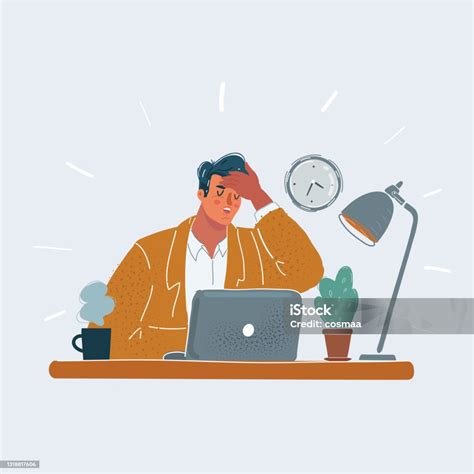 피곤한 남자의 벡터 일러스트 누가 그와 함께 이마를 만져 테이블에 앉아 있는 캐릭터 계층화 질병 발열 머리 통증과 흰색 배경에