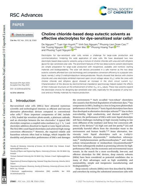 Pdf Choline Chloride Based Deep Eutectic Solvents As Effective Electrolytes For Dye Sensitized
