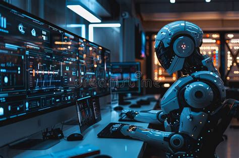Ai Robots With Screens Displaying Real Time Data Analysis And Learning Big Data In The World