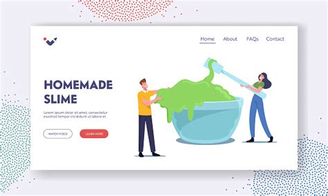 집에서 만든 점액 방문 페이지 템플릿을 만드는 사람들 거대한 그릇에 녹색 끈적 끈적한 재료를 혼합 작은 문자 가정 생활에 대한