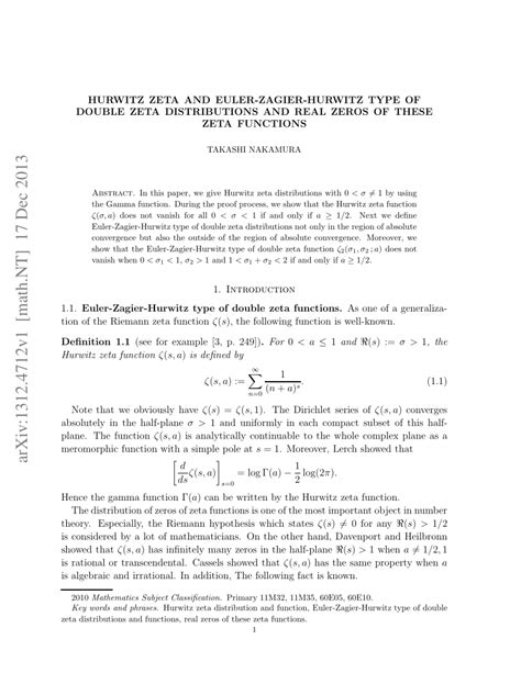 Pdf Hurwitz Zeta And Euler Zagier Hurwitz Type Of Double Zeta