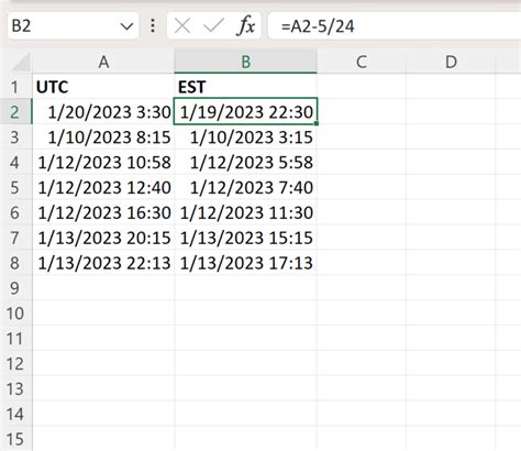 how to convert utc to est in excel simple formula